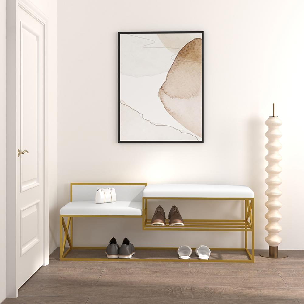 Modern PU Leather Upholstered Hallway Bench White with Gold Legs ...
