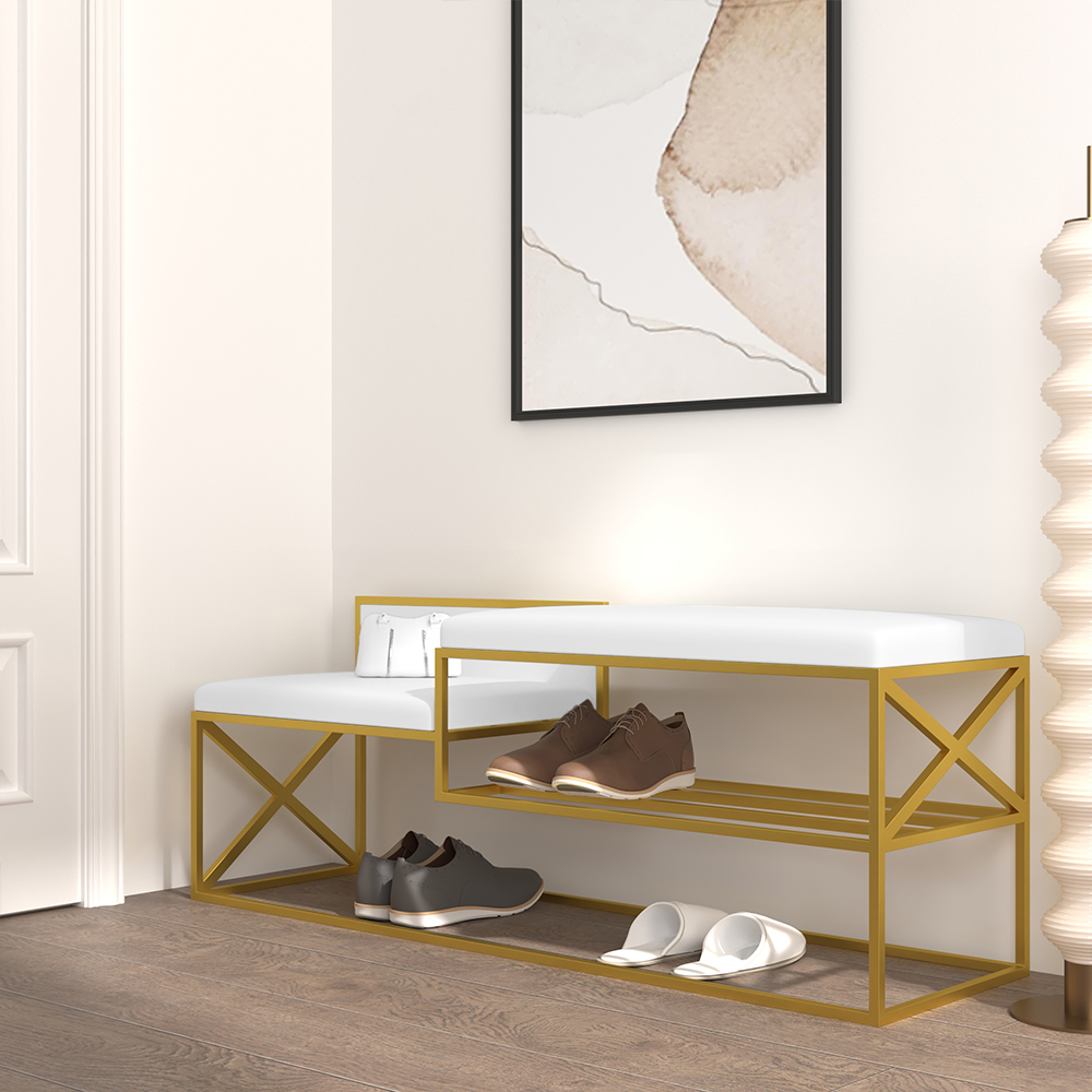 Modern PU Leather Upholstered Hallway Bench White with Gold Legs ...
