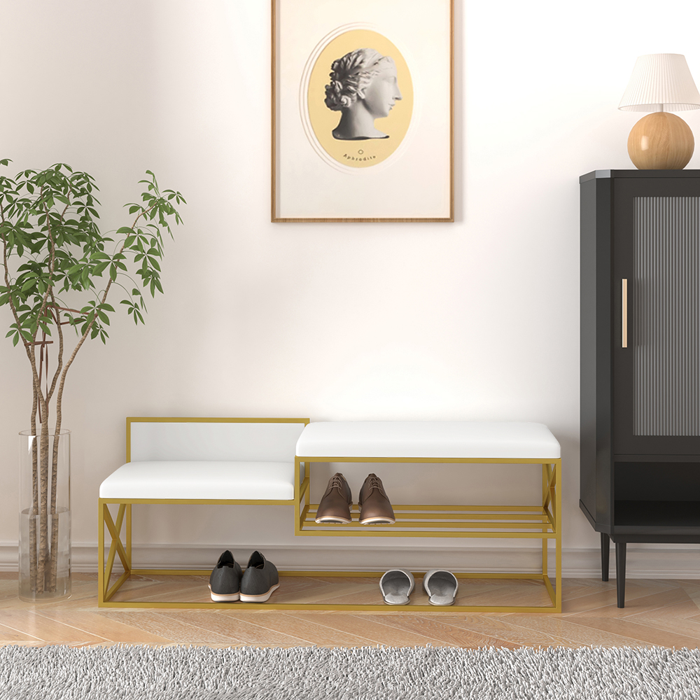 Modern PU Leather Upholstered Hallway Bench White with Gold Legs ...