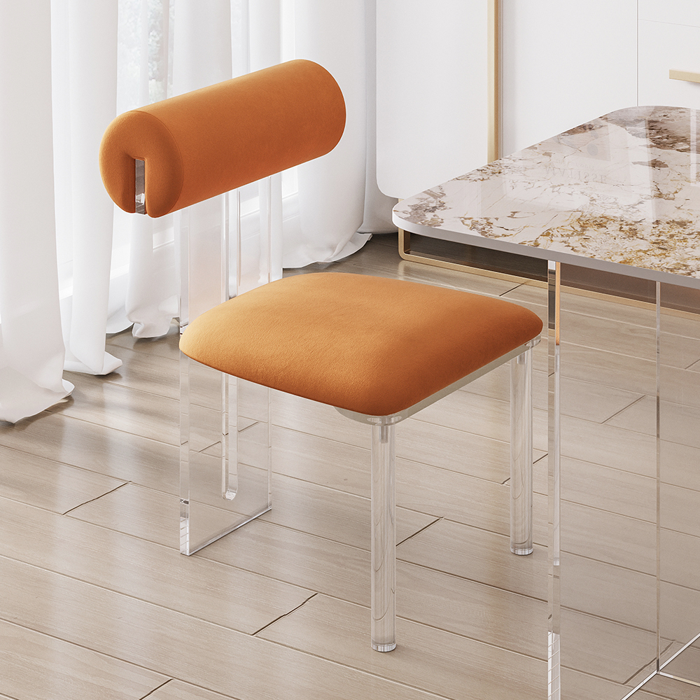 Modern Upholstered Orange Velvet Dining Chairs Set Of 2 Acrylic Side
