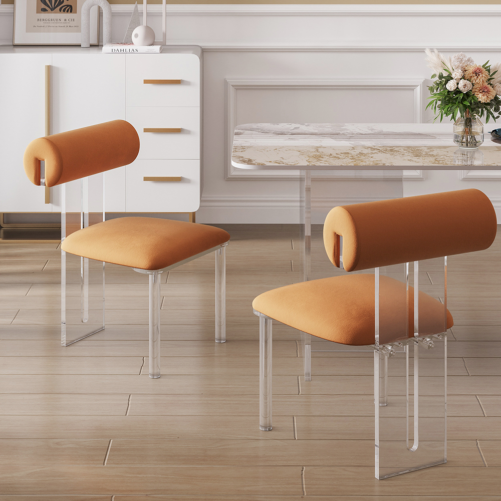 Modern Upholstered Orange Velvet Dining Chairs Set Of 2 Acrylic Side