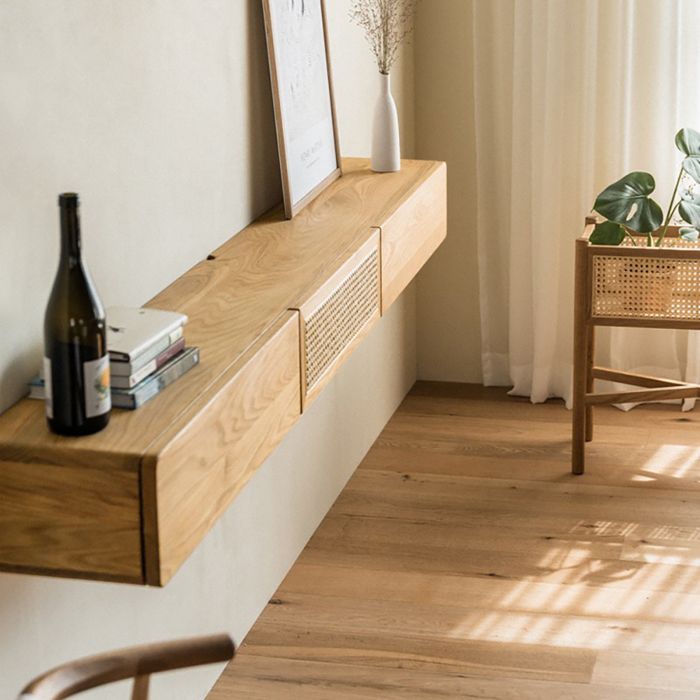 1800mm Walnut Ash Wood Floating Rattan TV Stand Wall Mount Cane Flip ...