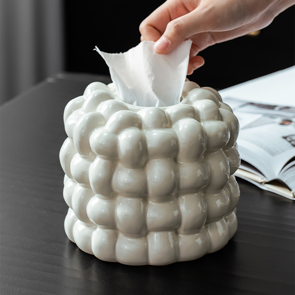 Bubble White Ceramic Tissue Box Cover Modern Round with Marshmallow ...