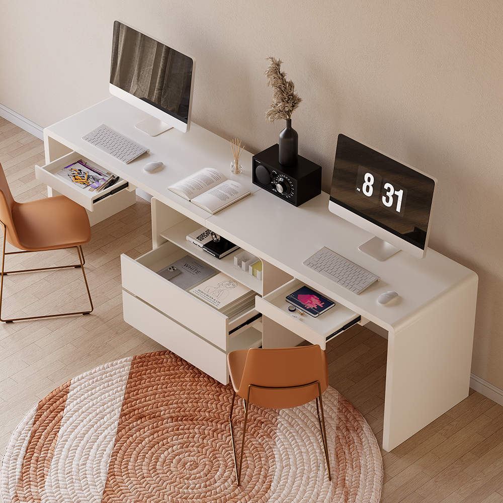 94.5" Two Person Double Desk Modern White Retangular Office Desk 4 ...