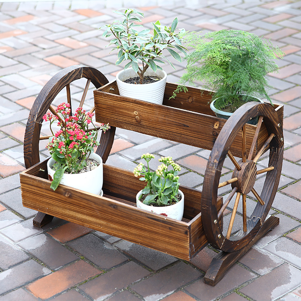 Retro Wooden Plant Stand Wheels Outdoor Flower Pot Display Stand-Homary