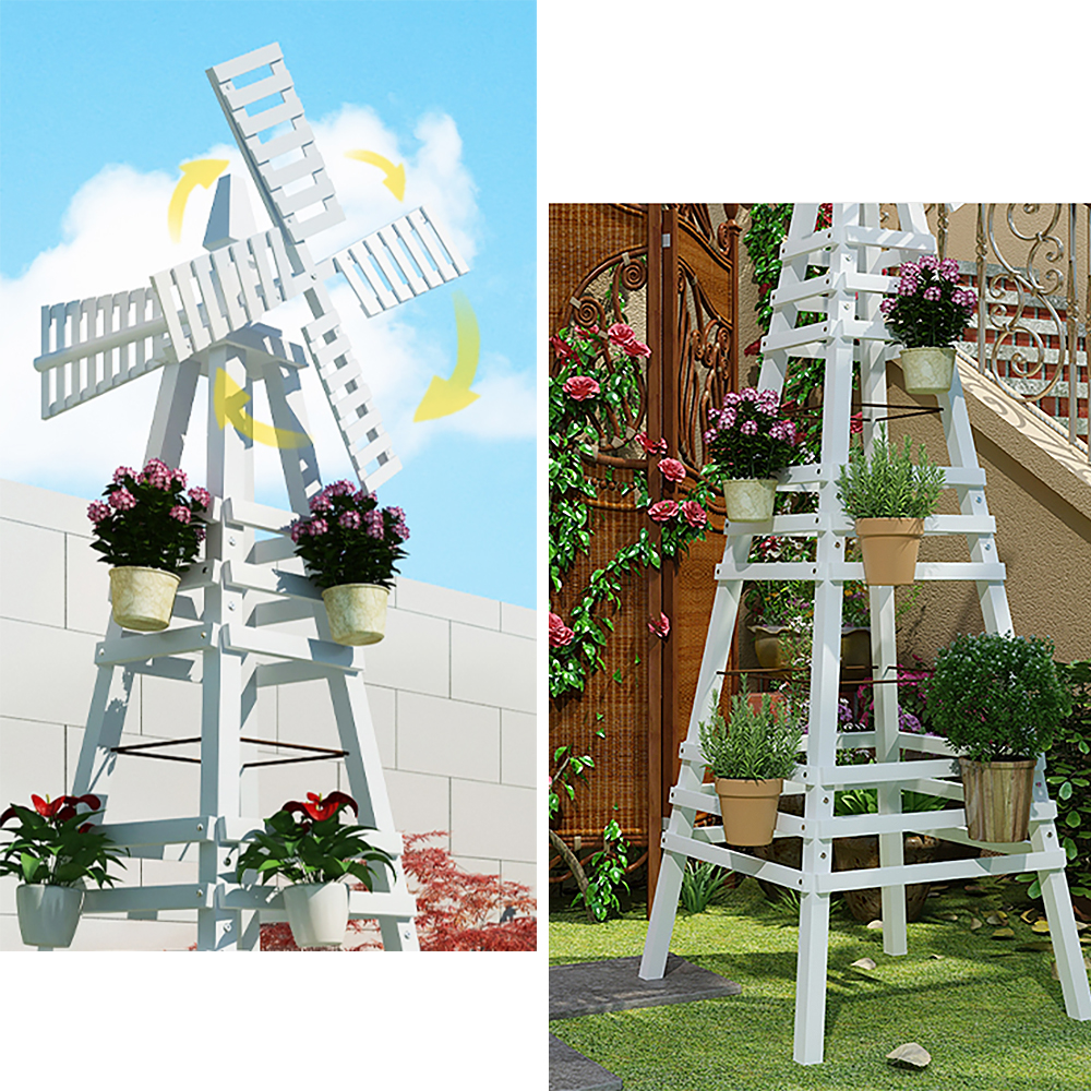 White Wood Windmill Planters Trellis Garden Decoration-Homary