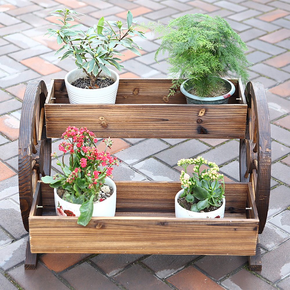 Retro Wooden Plant Stand Wheels Outdoor Flower Pot Display Stand-Homary
