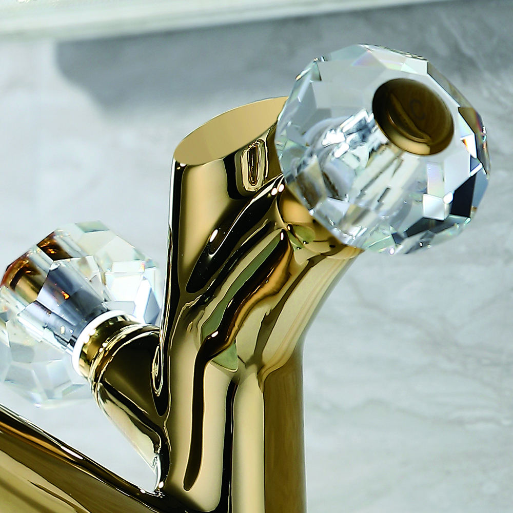 Gold Monobloc Basin Tap Dual Crystal Handle Stainless Steel-Homary