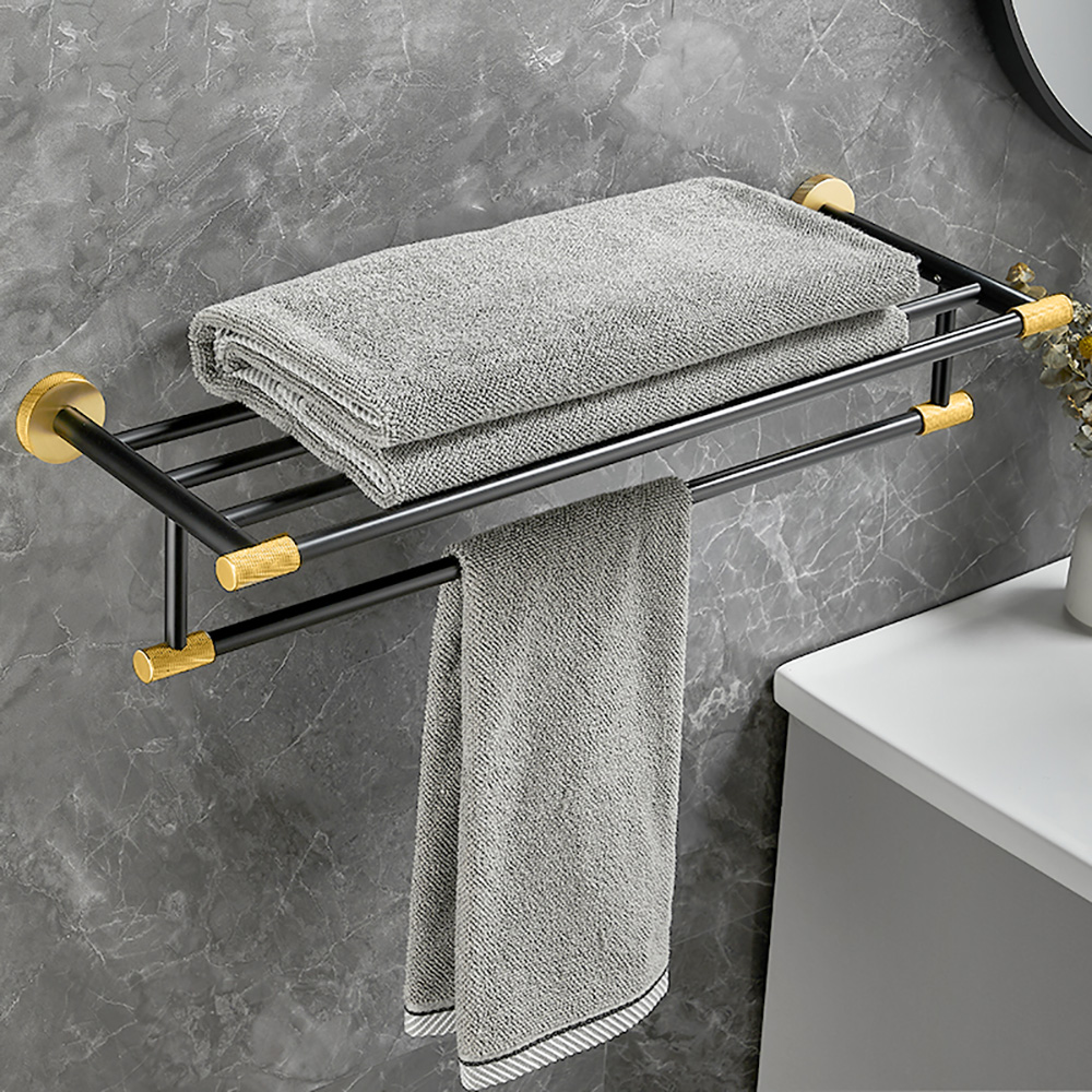 Wall Mounted Towel Shelf Bathroom Towel Rack in Black & Gold-Homary