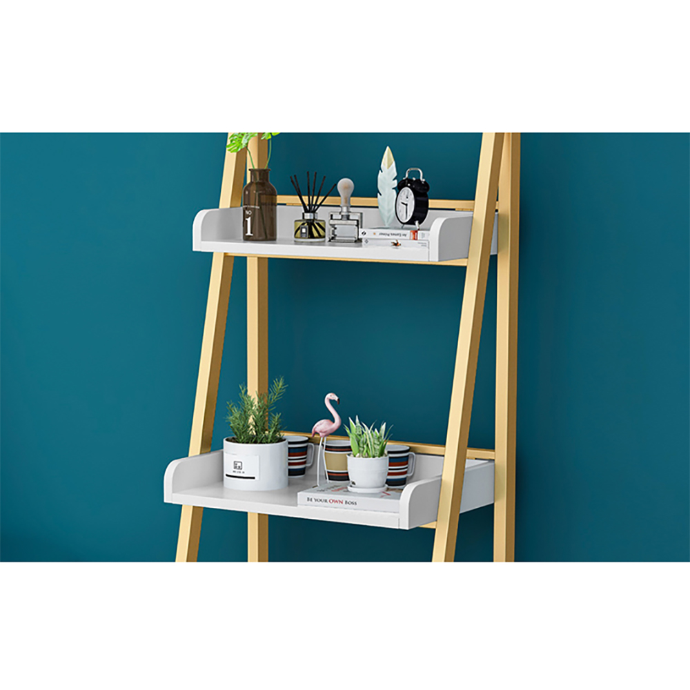 White & Gold Ladder Bookcase Storage Cabinet with Drawers-Homary
