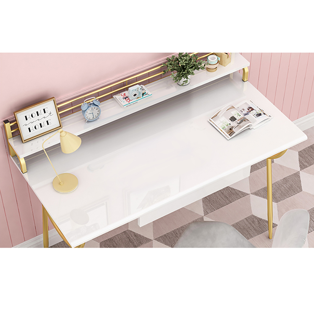 Modern White Writing Desk with Drawer & Shelf Office Desk Metal Frame ...