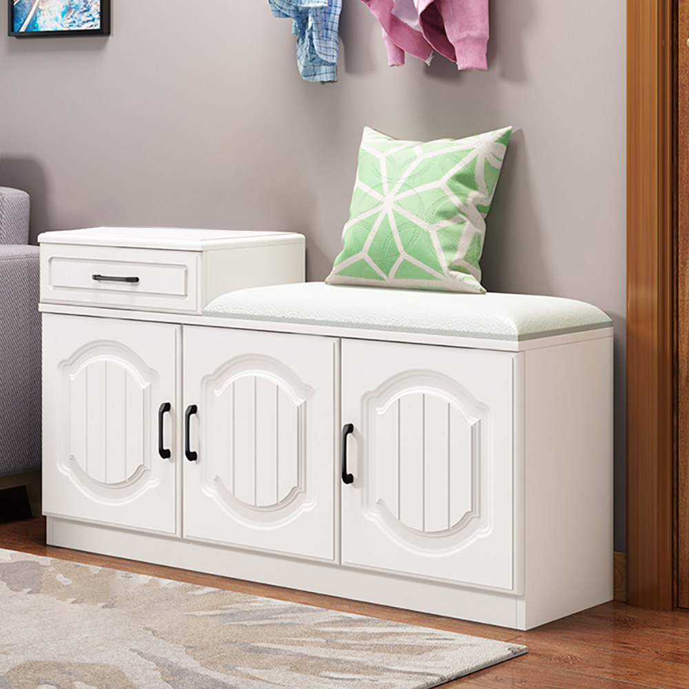 Modern White Leather Upholstered Entryway Bench with Shoe Storage -Homary