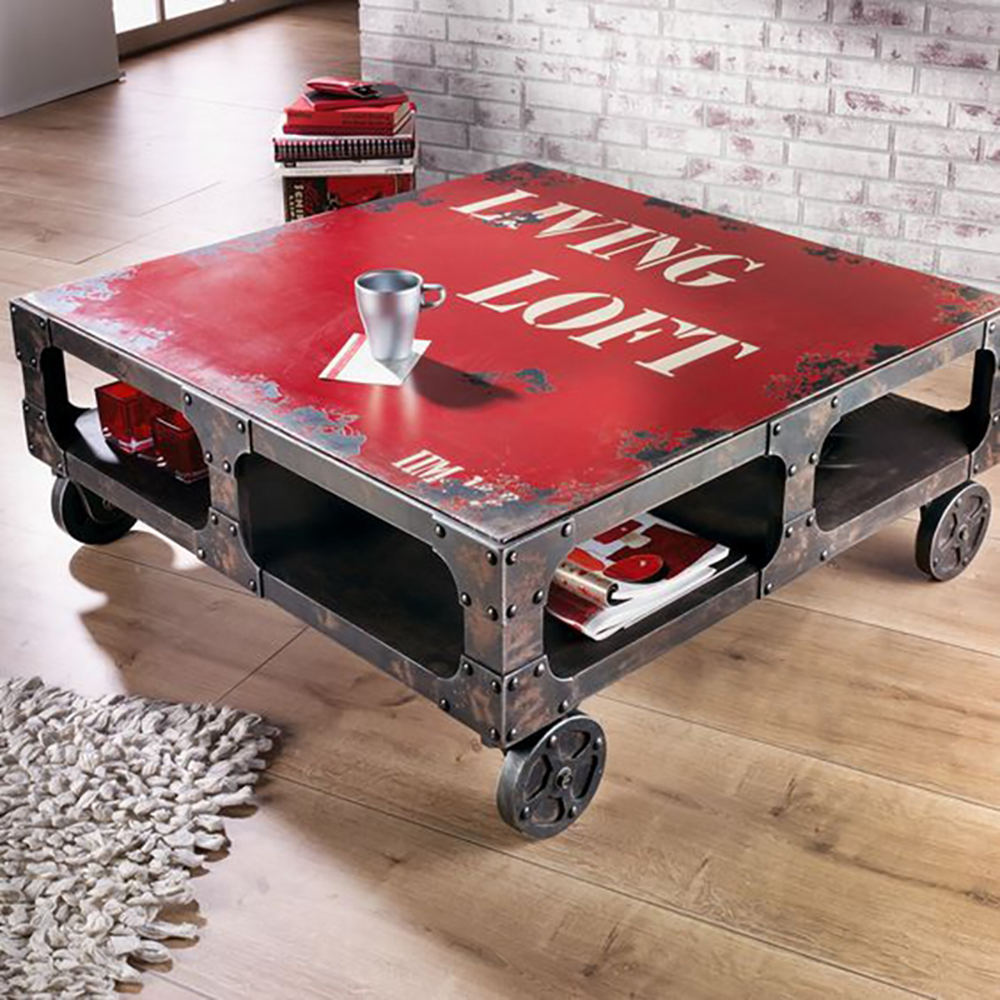 Industrial Squqre Metal Coffee Table with Casters-Homary