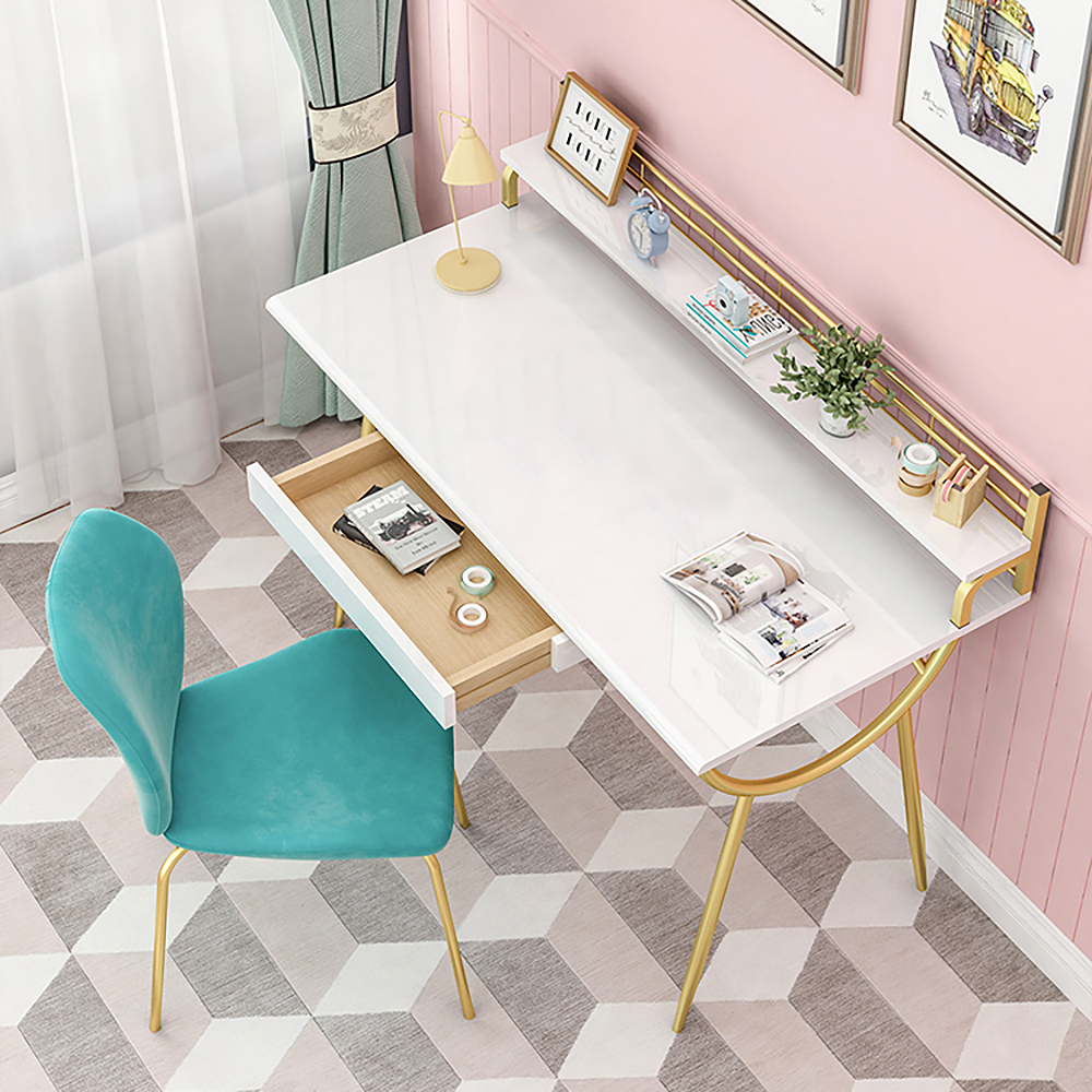 Modern White Writing Desk with Drawer & Shelf Office Desk Metal Frame ...